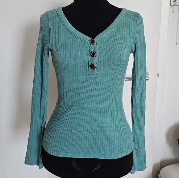 D.I.A | Tops | Dia Gyaru Teal Aqua Blue Green Ribbed Vneck Gold ...